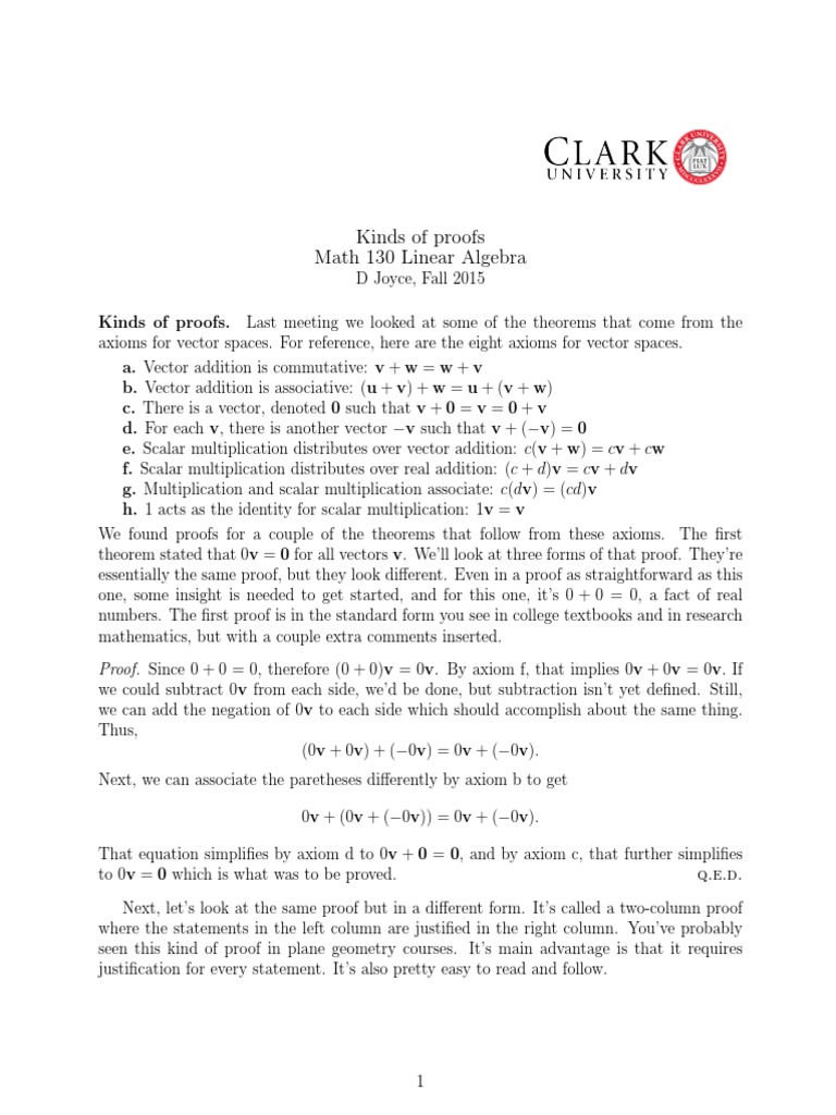 Kinds of Proofs Math 130 Linear Algebra | PDF | Vector Space ...
