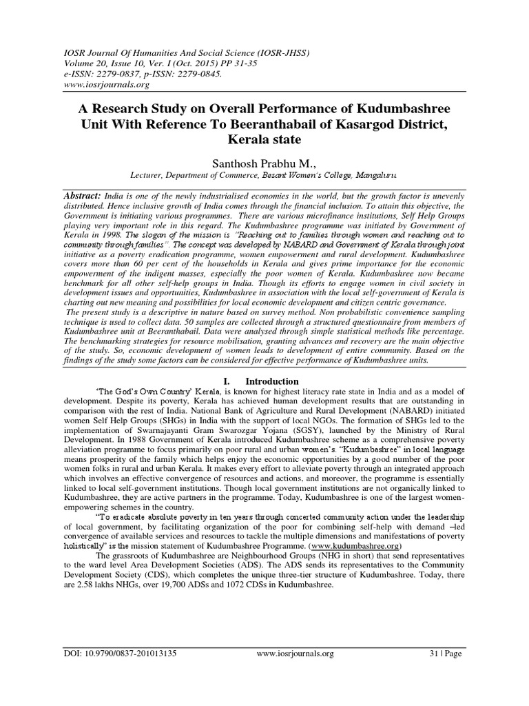 A Research Study On Overall Performance of Kudumbashree Unit With ...