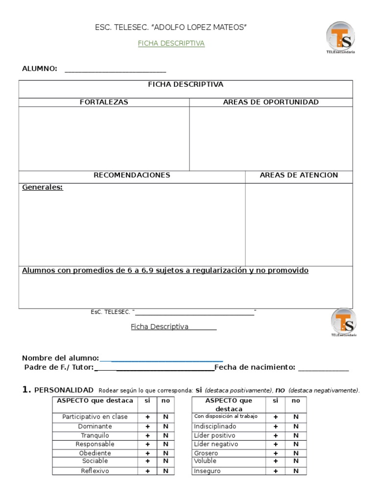 Formatos De Fichas Descriptivas Del Alumno Editables