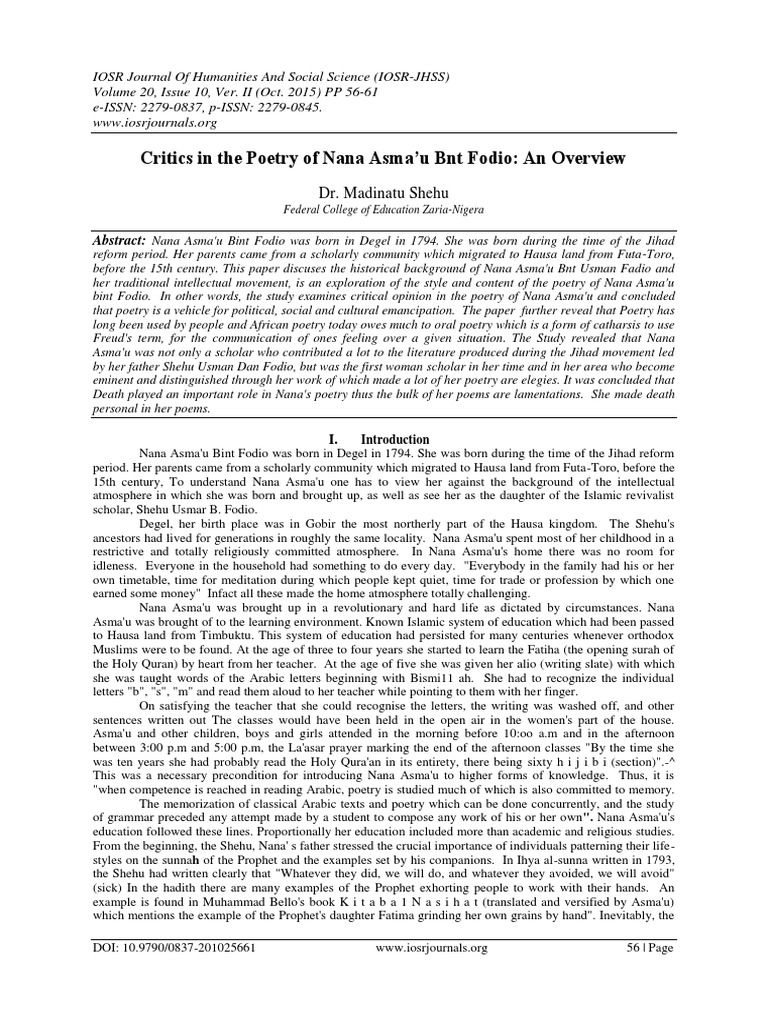 Critics in The Poetry of Nana Asma'u BNT Fodio: An Overview | PDF ...