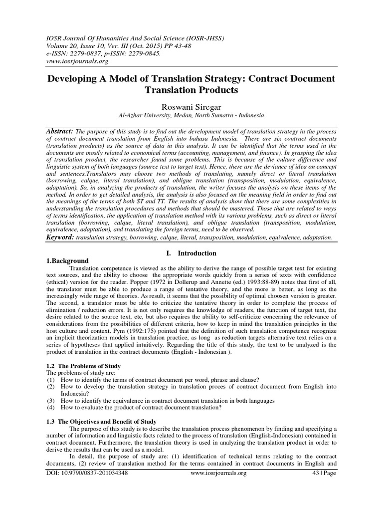 Developing A Model of Translation Strategy: Contract Document ...