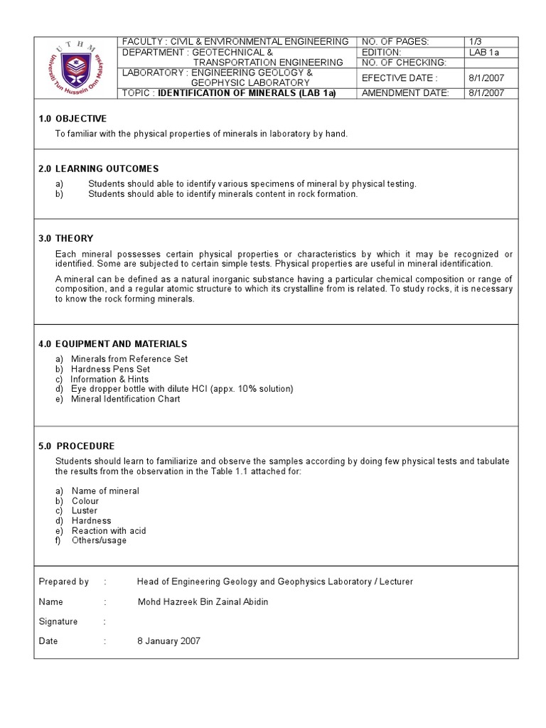 Mineral Identification Lab Guide | PDF | Rock (Geology) | Minerals