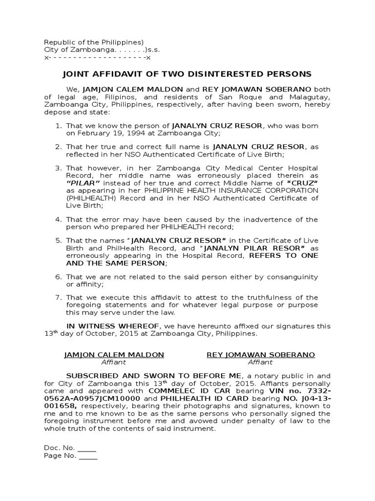 Joint Affidavit of Two Disinterested Person - First Name | PDF ...