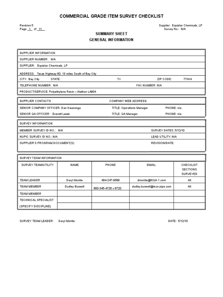 Lyondellbasell Commercial Grade Survey Checklist | PDF | Calibration ...