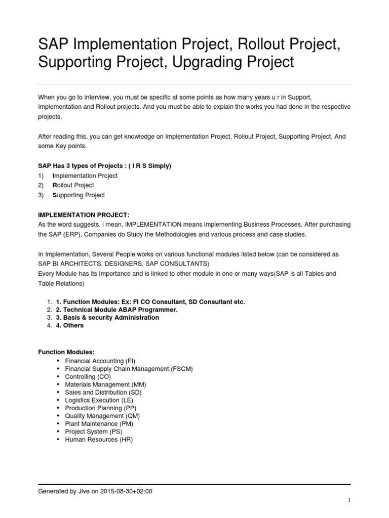 SAP Implementation Project, Rollout Project, Supporting Project, Upgrading Project | PDF ...