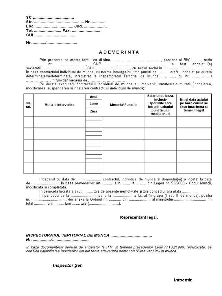 Adeverinta Vechime | PDF