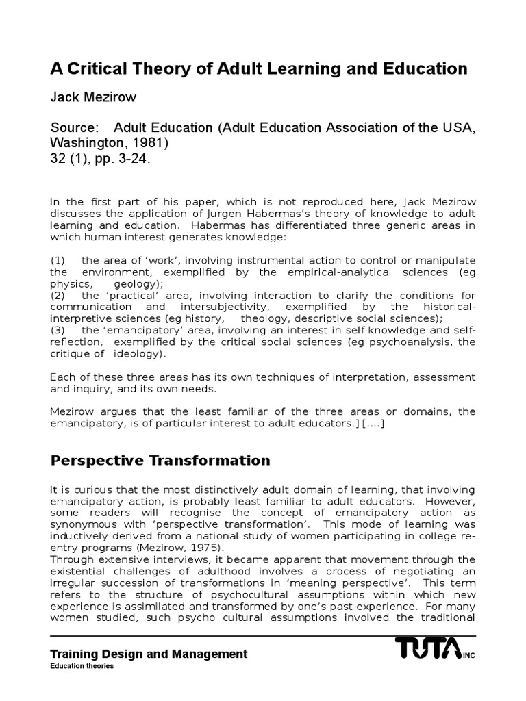 A Critical Theory of Adult Learning and Education | PDF | Critical ...
