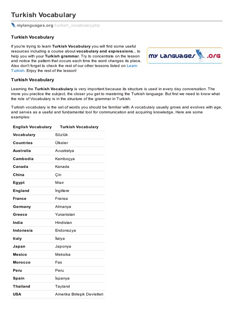 Turkish Vocabulary | PDF | Vocabulary | Linguistics