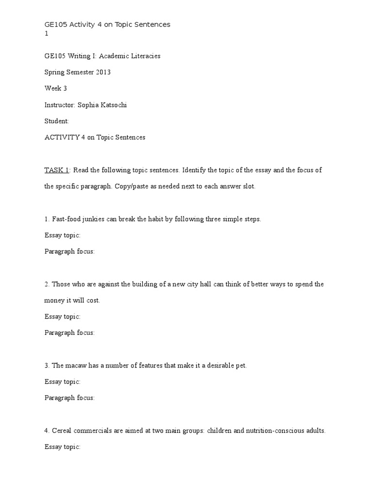 Topic Sentences Activity Guide | PDF | Experimental Aircraft ...