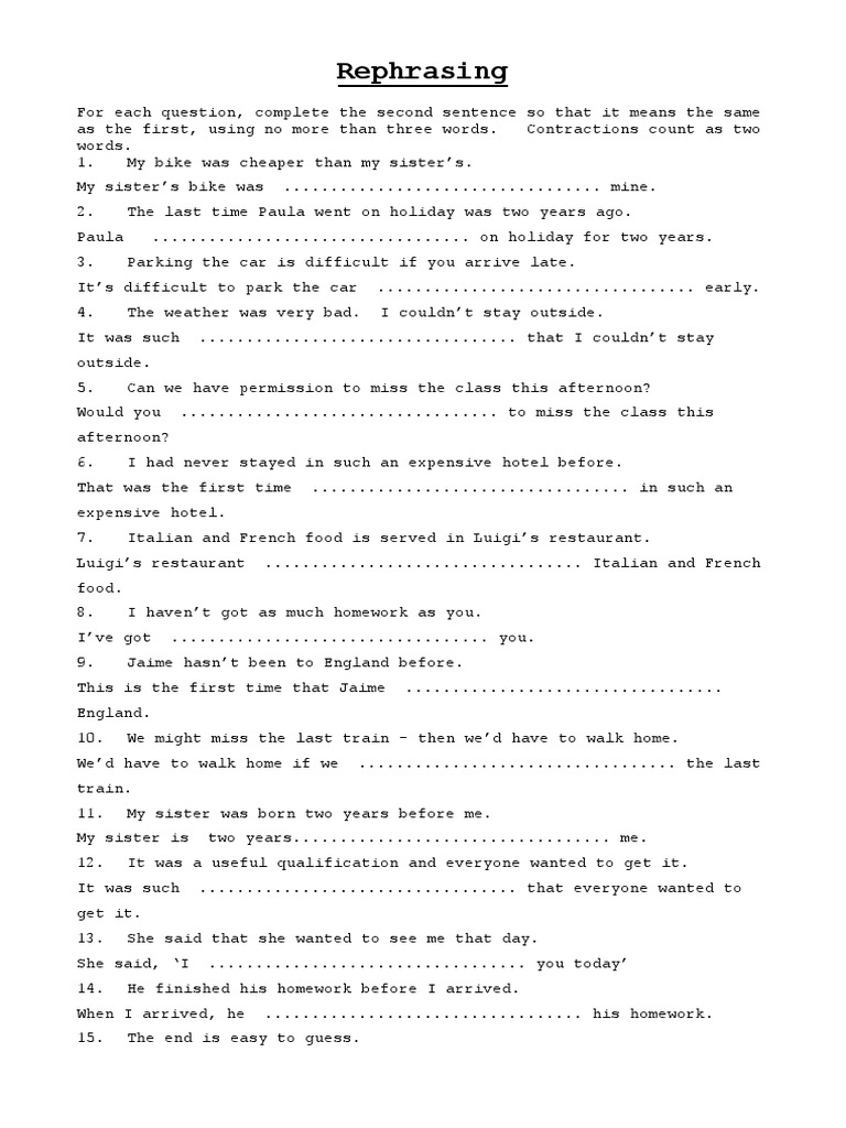 Sentence Rephrasing Exercises | PDF | Cooking, Food & Wine | Home & Garden