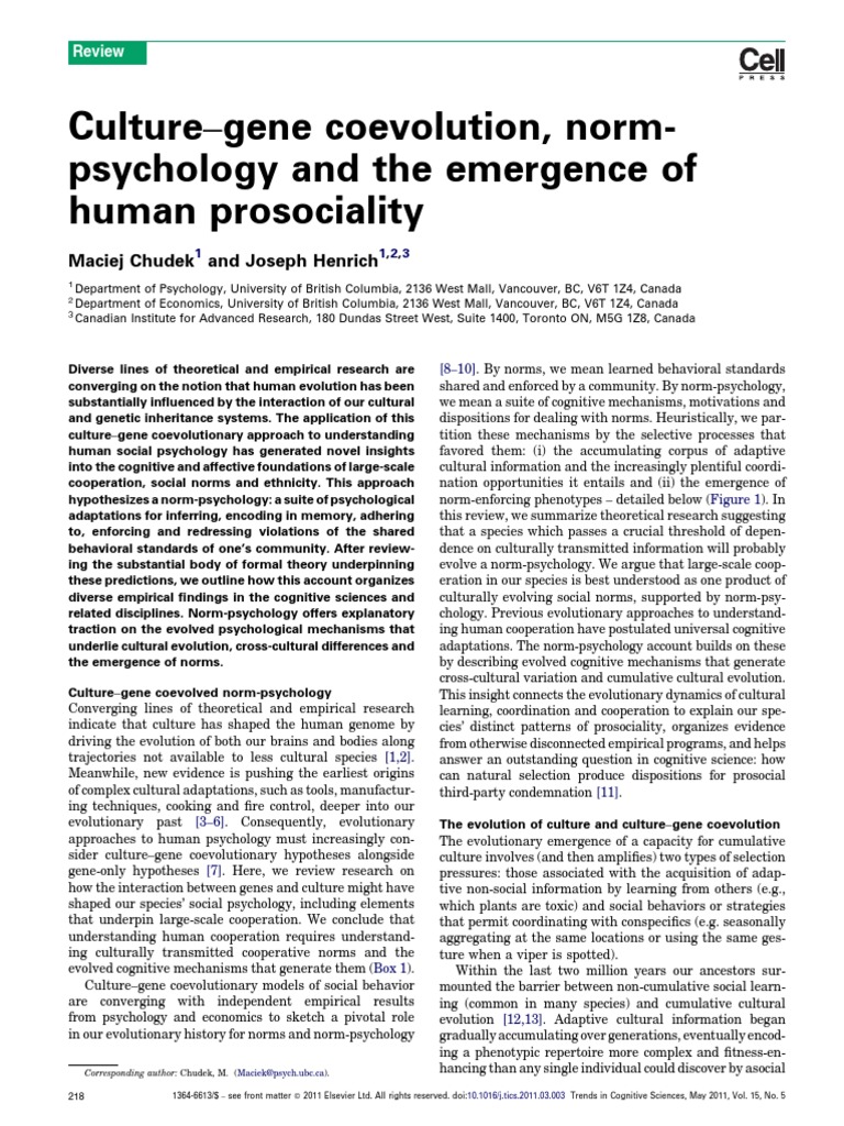 Culture-Gene Coevolution, Normpsychology | PDF | Norm (Social) | Evolution