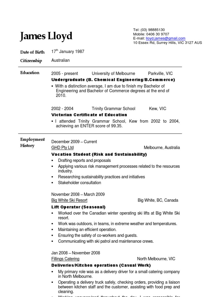 James Lloyd: Engineering & Commerce Resume | PDF | Victoria (Australia ...