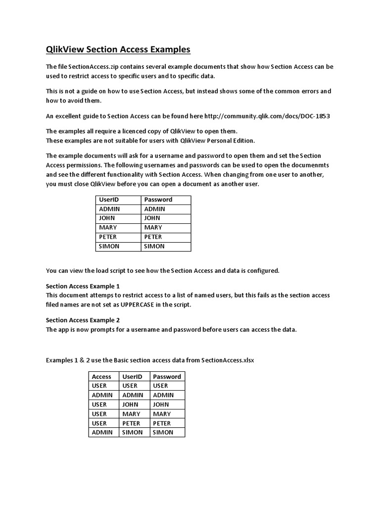 QlikView Section Access Examples | PDF | Password | User (Computing) QlikView Section Access Examples | PDF | Password | User (Computing)
