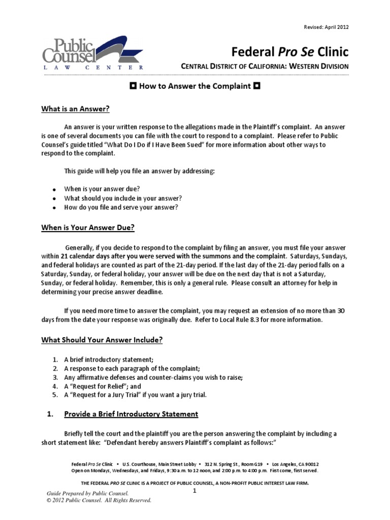 GUIDE Answering The Complaint PLUS Forms | PDF | Pro Se Legal ...