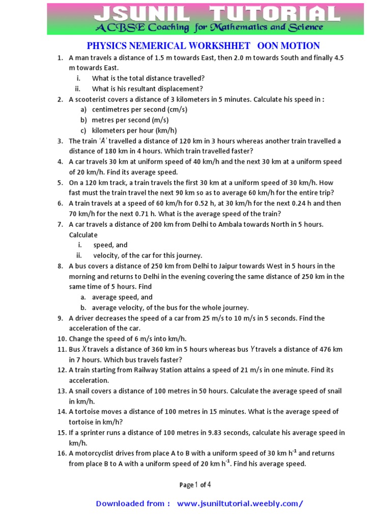 Physics Motion Numerical Worksheet | PDF | Speed | Acceleration