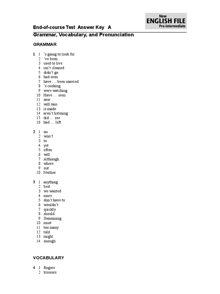 Pre-Intermediate Test Answer Key | PDF | Vocabulary | Question