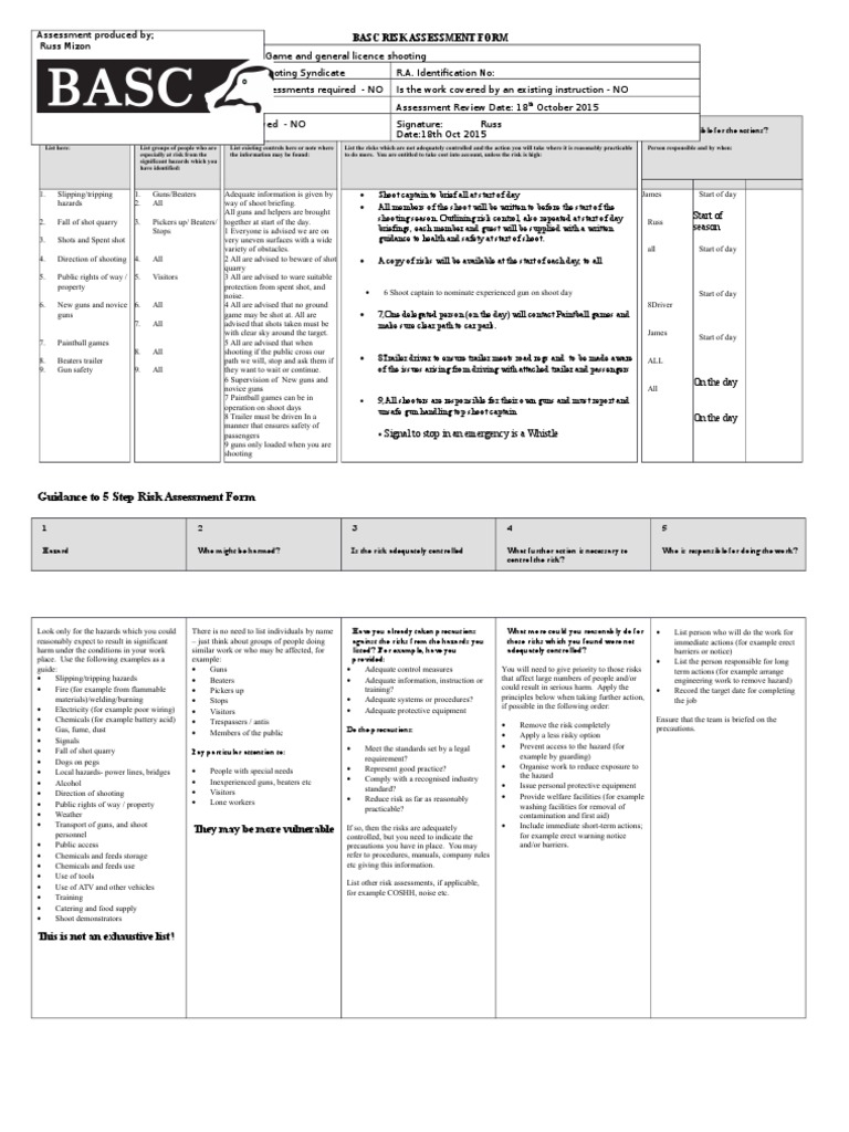 Basc Risk Assessment Form: Start of Season | PDF | Risk | Determinants ...