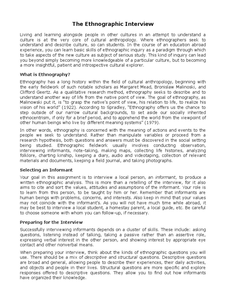 The Ethnographic Interview | Field Research | Ethnography