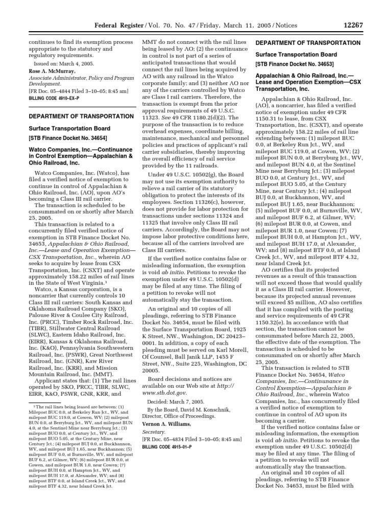 Notice: Rail Carriers: Control Exemption— CSX Transportation, Inc ...