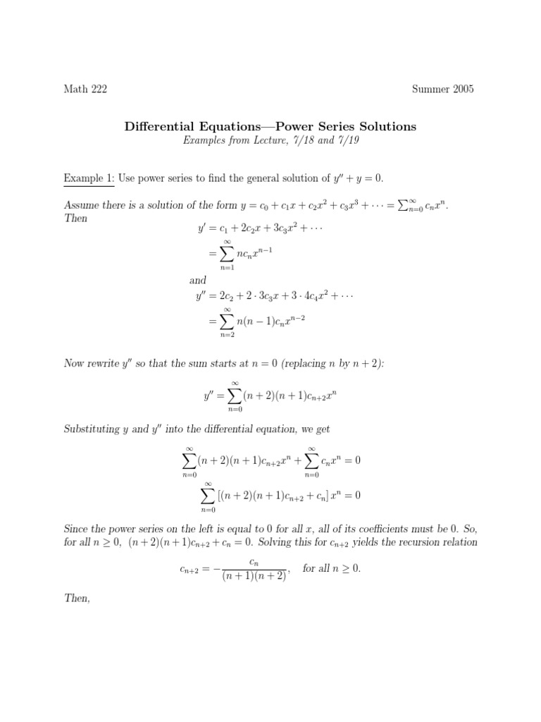 Differential Equations-Power Series Solutions | PDF | Recurrence Relation | Equations