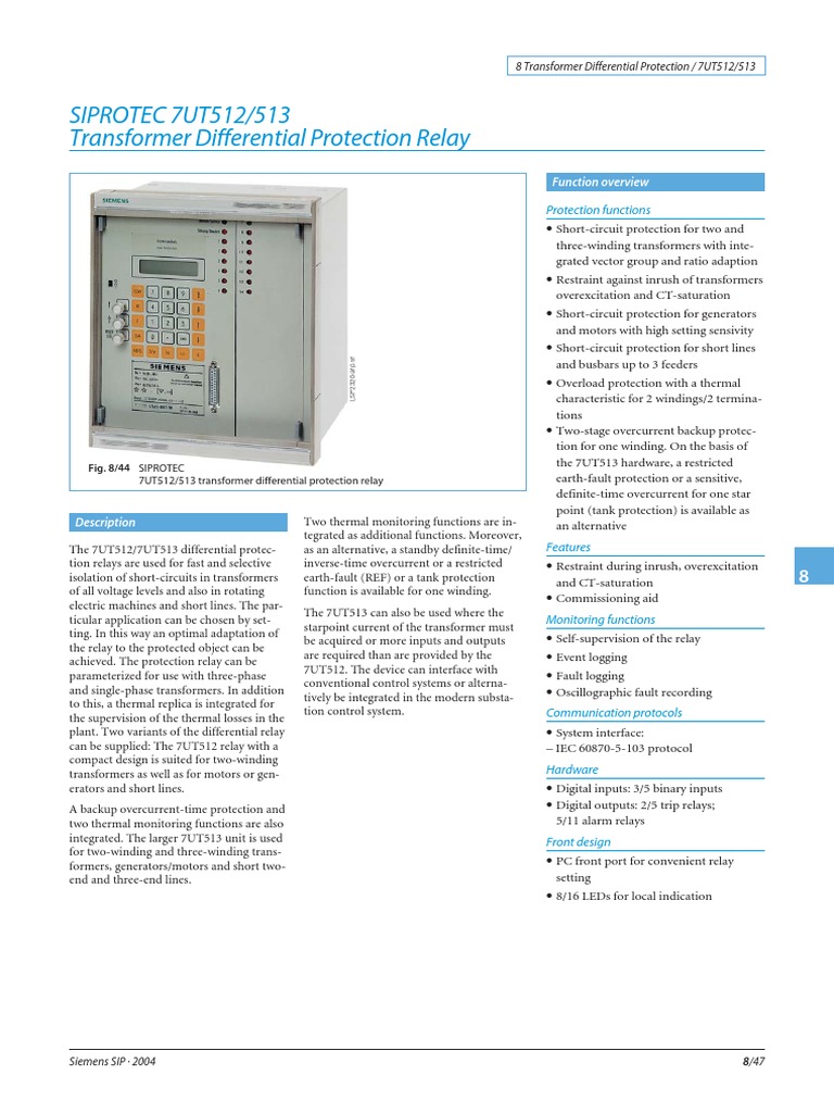 Siemens 7UT512/513 Transformer Protection | PDF | Transformer | Relay