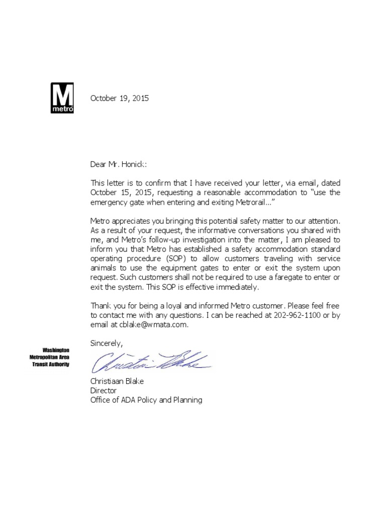 Ryan Honick - Reasonable Accommodation Request - Response Letter