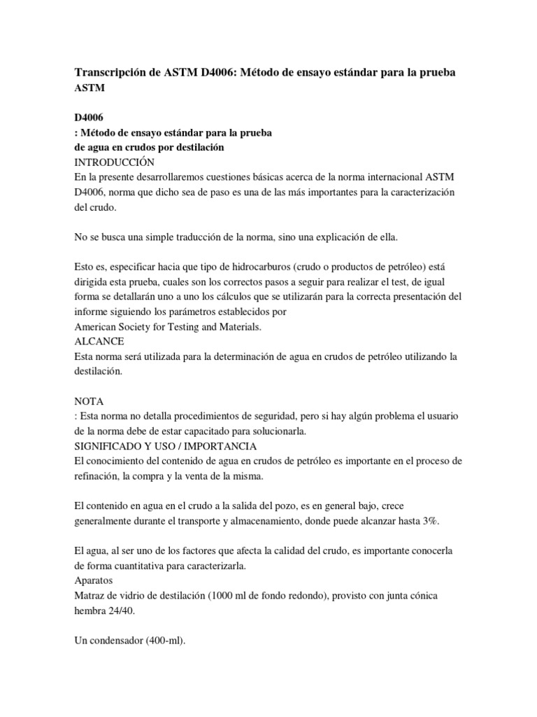 Transcripción de ASTM D4006 Método de Ensayo Estándar para La Prueba ...