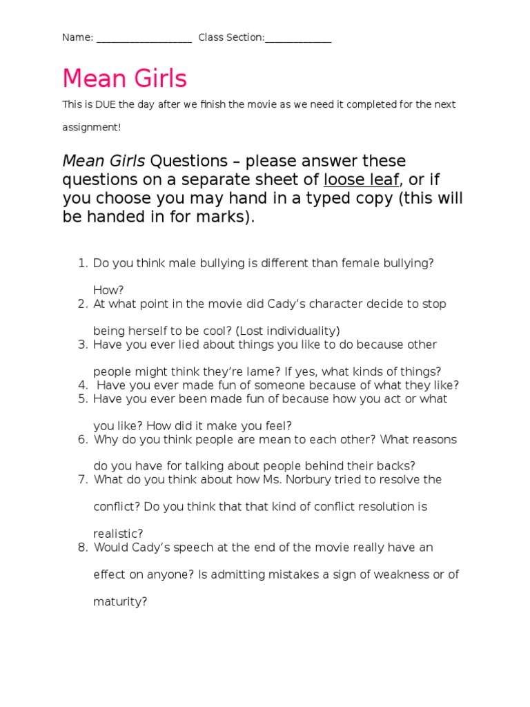 Mean Girls Character Analysis Worksheet | PDF | Games & Activities ...