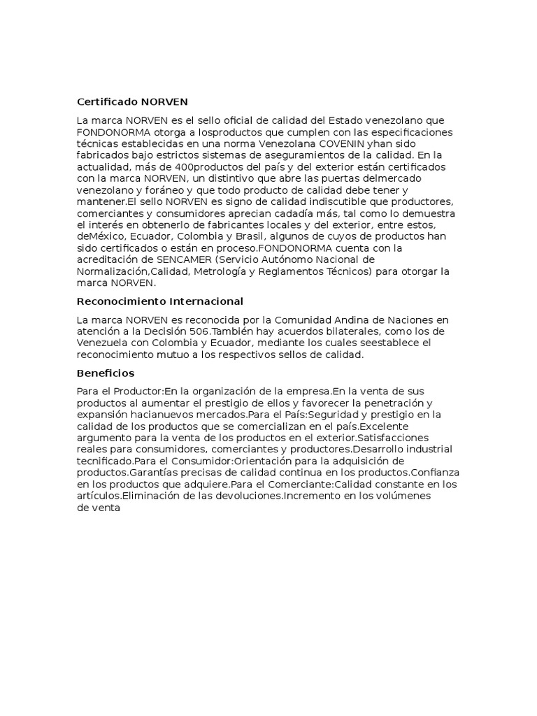 Sello NORVEN: Garantía de Calidad en Venezuela | PDF | Venezuela ...