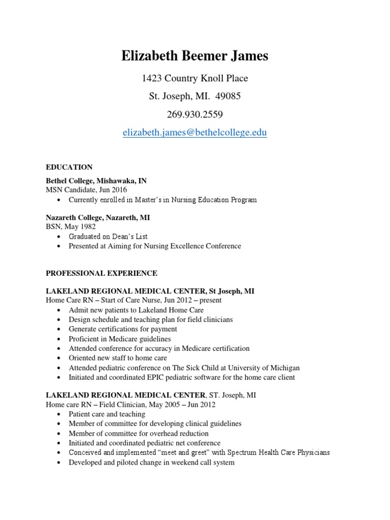 CV Elizabeth Beemer James PDF | PDF | Home Care | Nursing