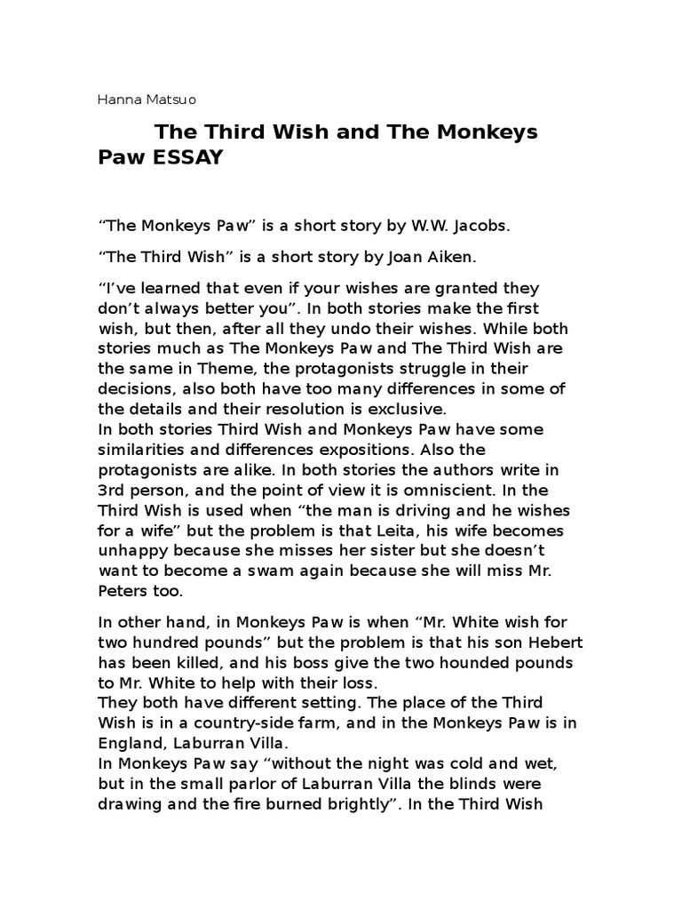 The Third Wish and The Monkeys Paw Essay: Hanna Matsuo | PDF