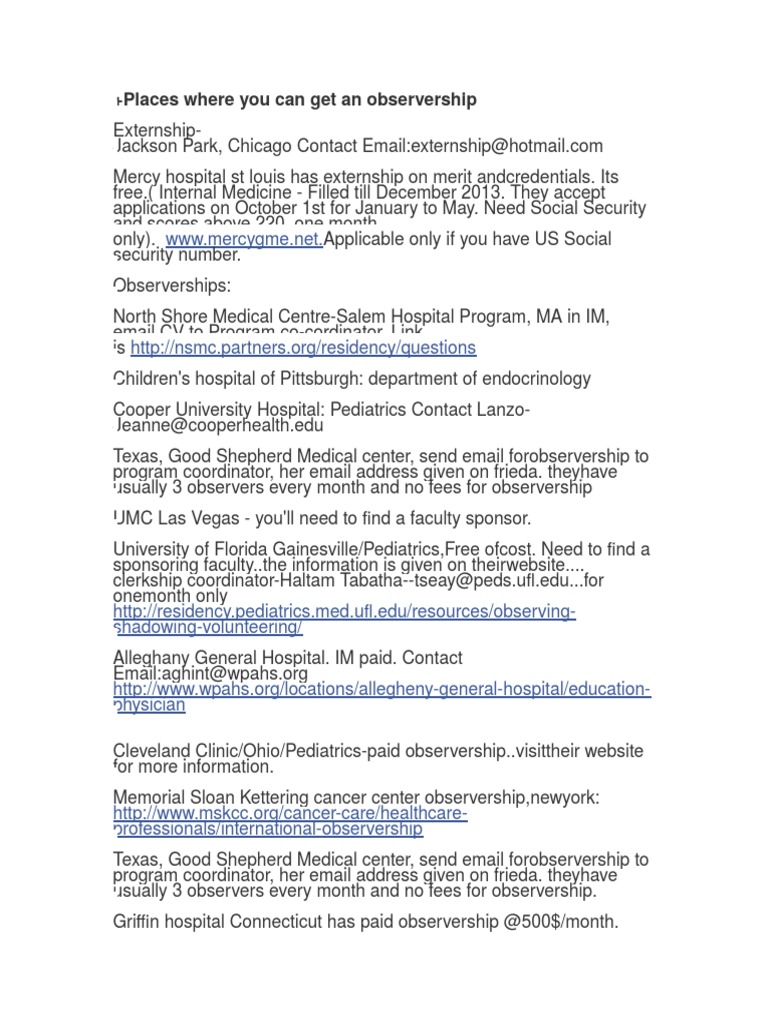 Hospitals That Offer Observerships | PDF | Medical School | Doctor Of ...