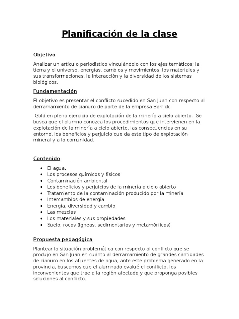 Planificación de La Clase | PDF | Minería | Contaminación