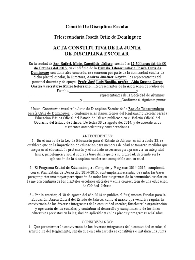 Acta Constitutiva Junta de Disciplina Escolar | PDF | Disciplinas ...