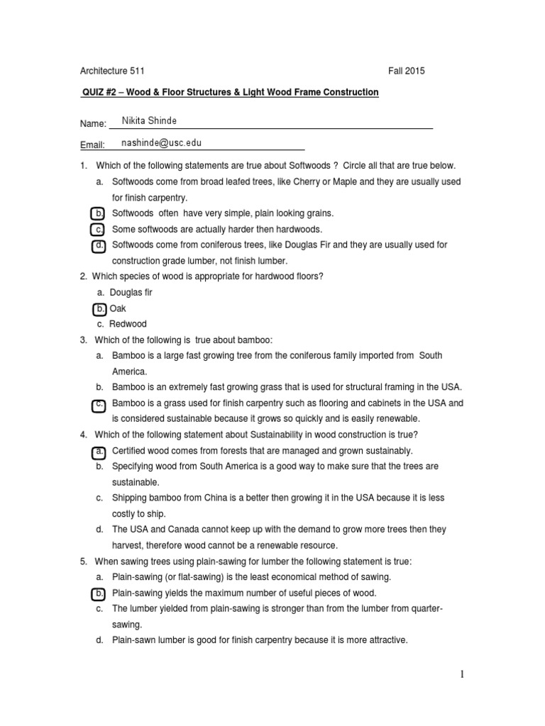 Quiz #2 - Wood & Floor Structures | PDF | Framing (Construction) | Lumber