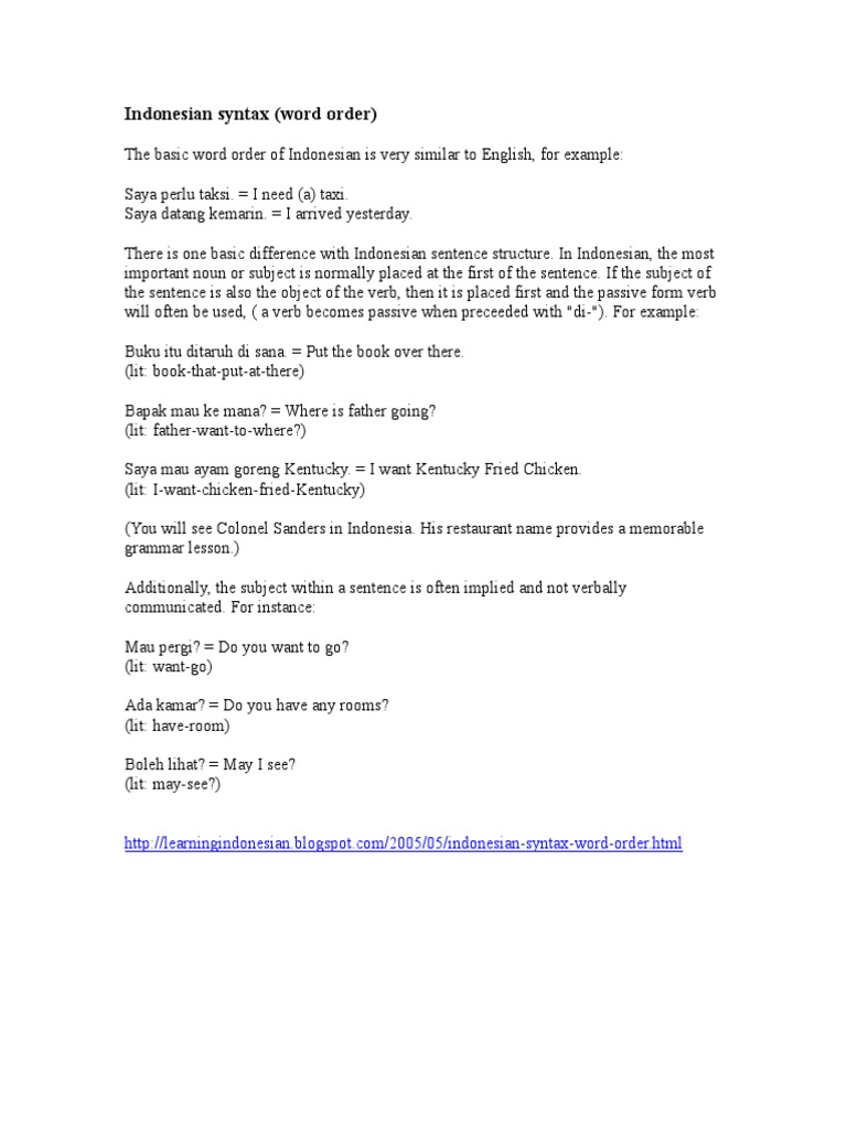 Indonesian Syntax | PDF | Adjective | Preposition And Postposition