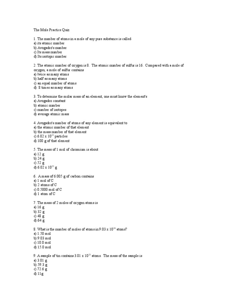 Chemistry Mole Quiz for Students | PDF | Mole (Unit) | Chemical Compounds