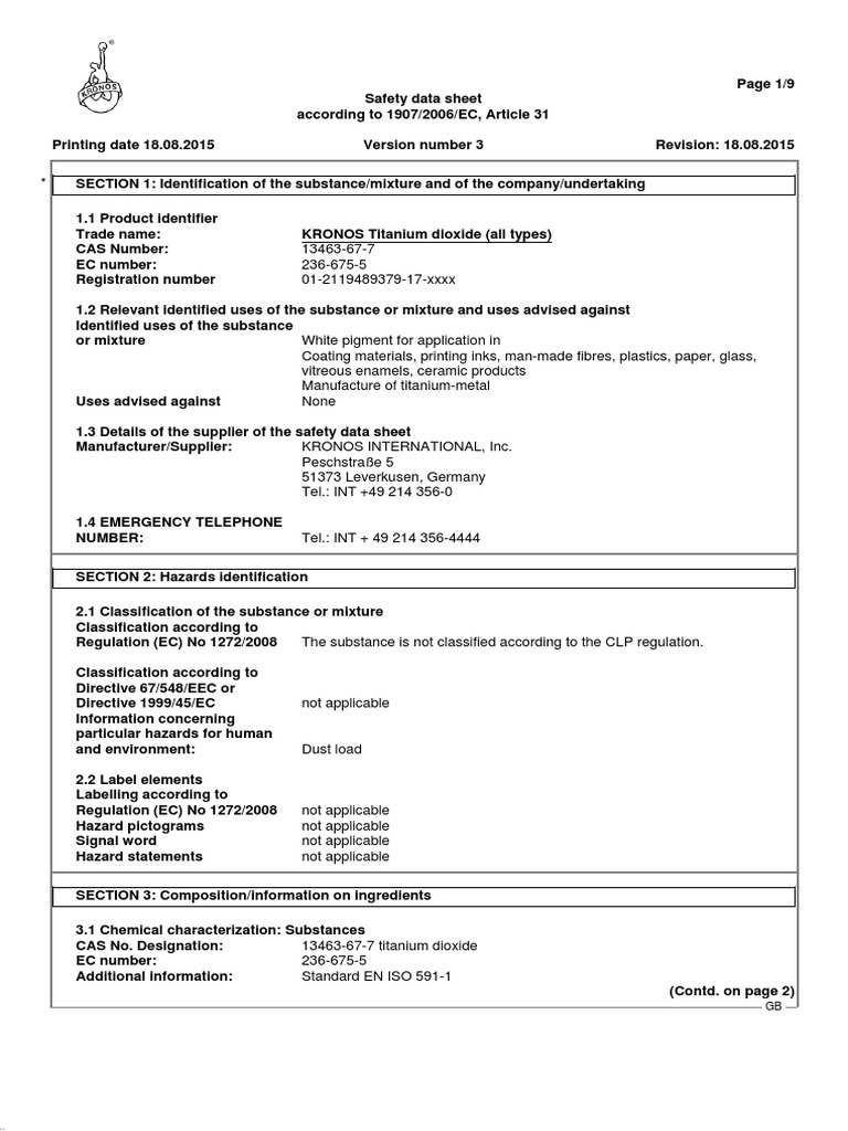 Sd1070 - Kronos Titanium Dioxide All Types v3 GB | PDF | Dangerous ...