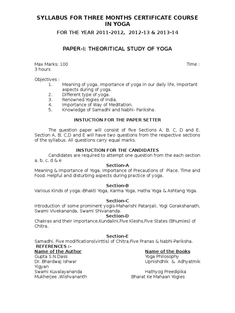 Syllabus for a Three-Month Certificate Course in Yoga covering ...