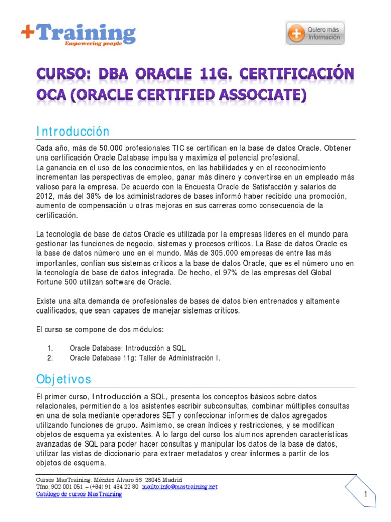 Curso DBA Oracle 11g Certificación Oca | PDF | Base de datos Oracle | SQL