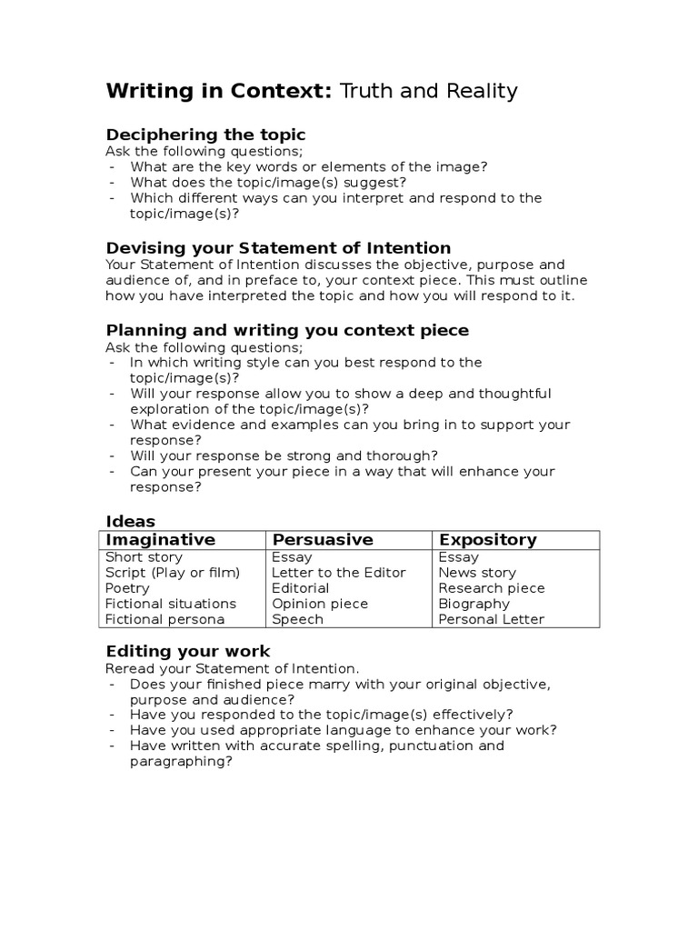 Writing in Context: Truth and Reality: Deciphering The Topic | PDF