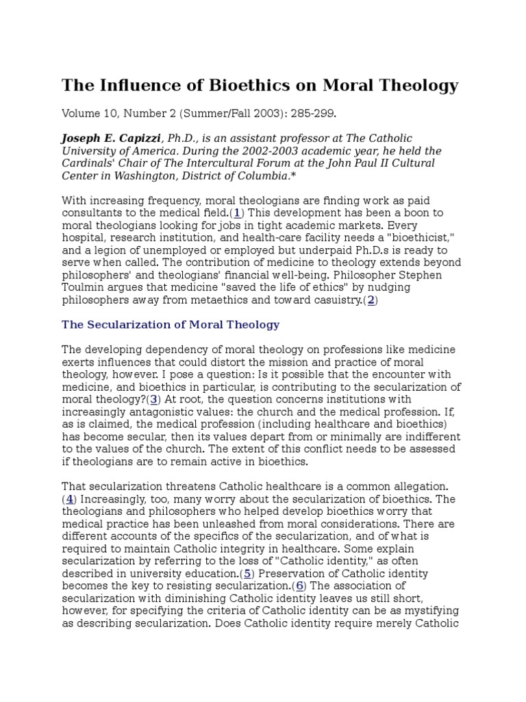 The Influence of Bioethics On Moral Theology | PDF | Bioethics | Karl Barth