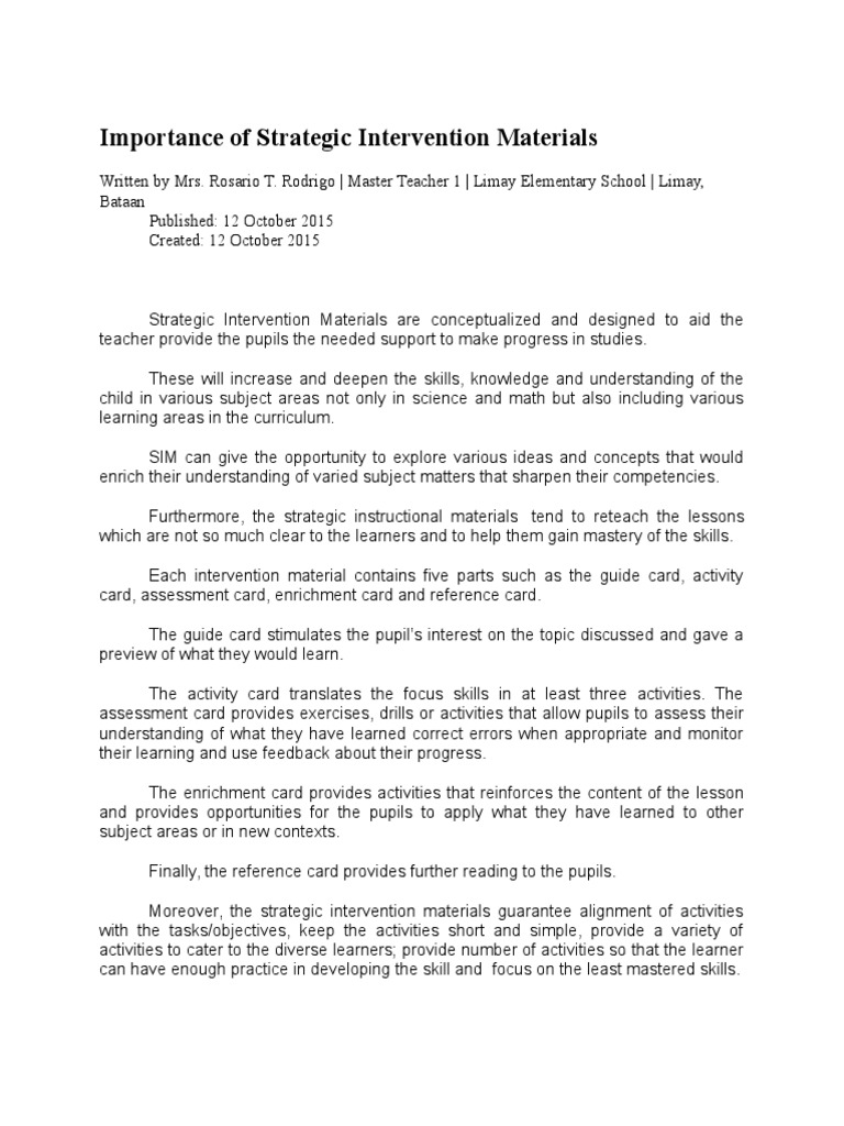 Importance of Strategic Intervention Materials | PDF | Teachers ...