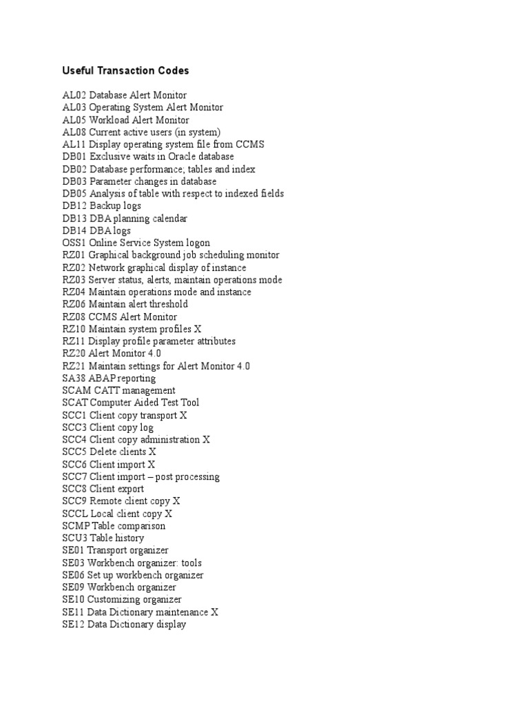 SAP Transaction Codes Guide | PDF | Oracle Database | Databases