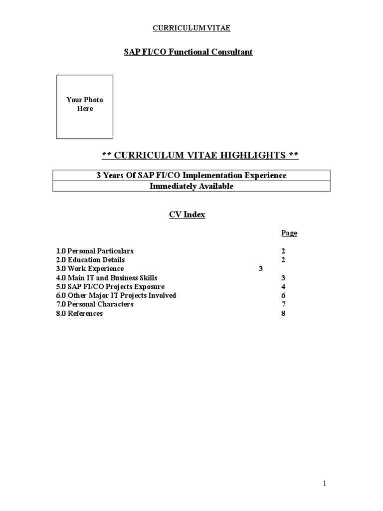 Curriculum Vitae Highlights : SAP FI/CO Functional Consultant | PDF ...