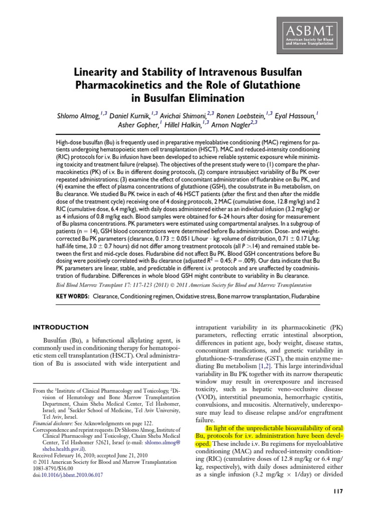 Busulfan Pharmacokinetics Intravenous - Marina | PDF | Hematopoietic ...