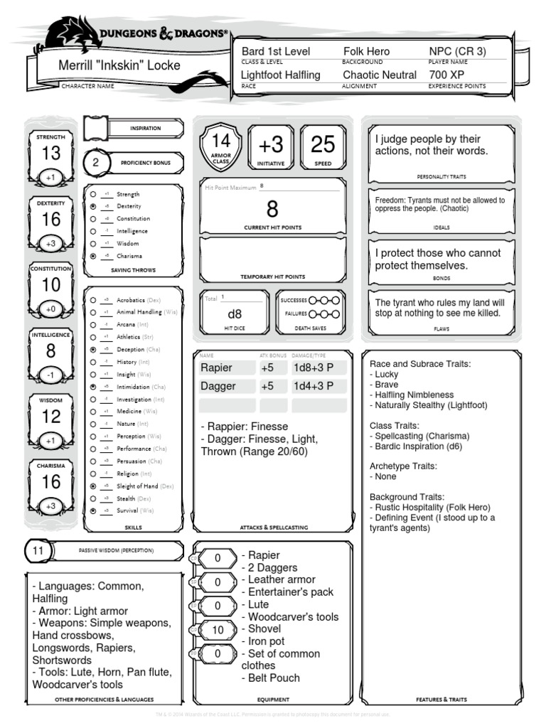 Merrill 'Inkskin' Locke - 1st Level Bard | Dungeons & Dragons | Role ...