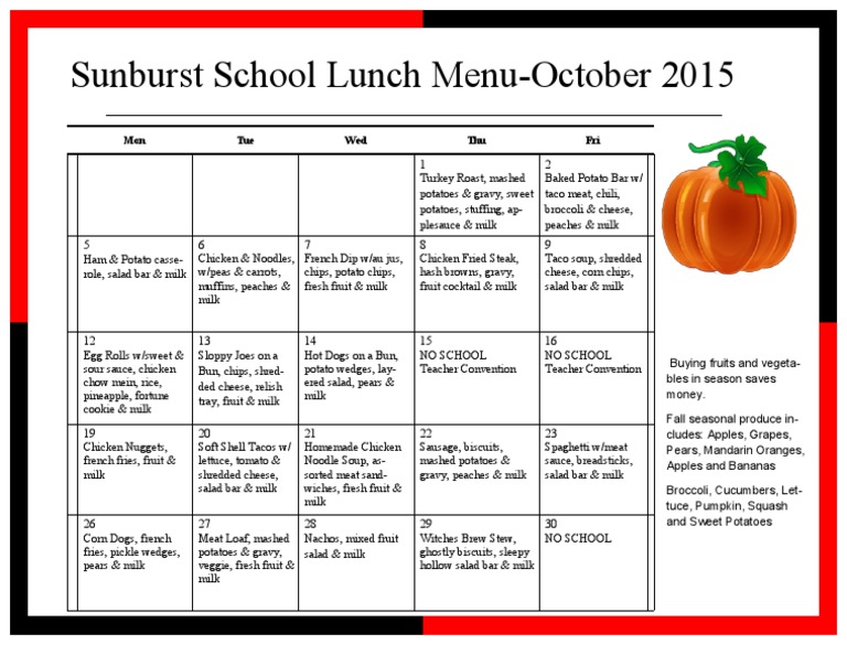 October 2015 School Lunch Menu | PDF | Cooking, Food & Wine