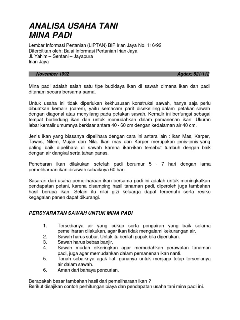 Analisa Usaha Tani Mina Padi | PDF