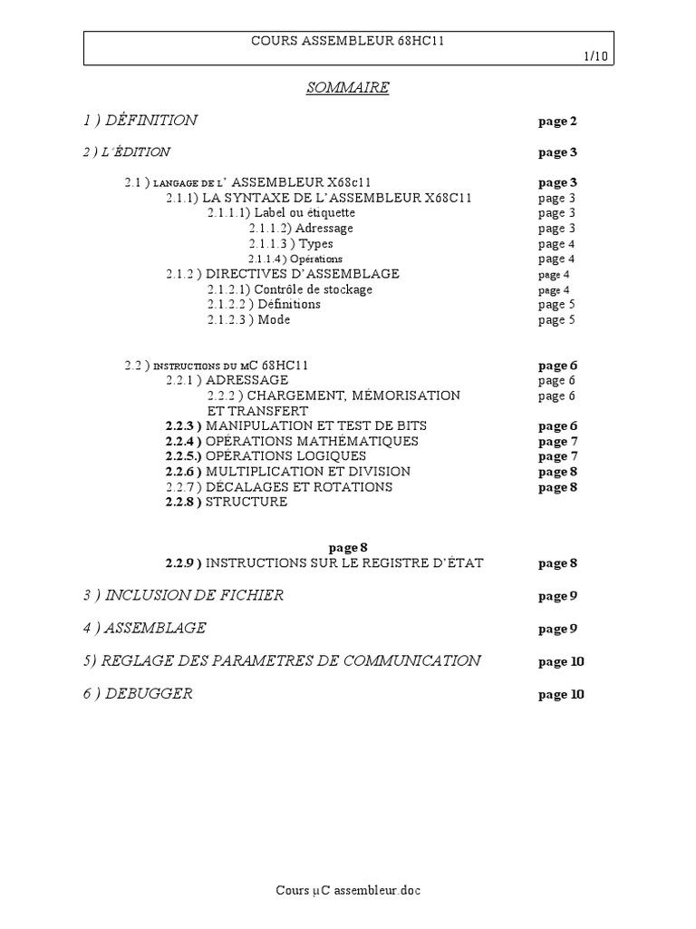 cours C Assembleur 68HC11 | Assembleur | Programme informatique